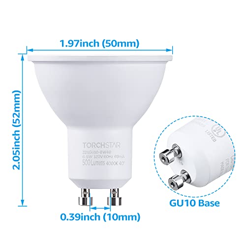 TORCHSTAR GU10 LED Bulbs Dimmable, 500LM 50W Halogen Equivalent, 4000K Cool White, 40° Beam Angle Spot Light Bulb for Recessed Lighting Track Lighting, UL & Energy Star Listed, Pack of 6