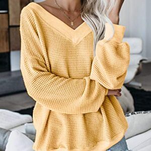 FEIYOUNG Women's Henley Sweater Shirts Slash V Neck Long Sleeve Loose Fit Pullover Tops Knit Tees (XX-Large, Yellow)