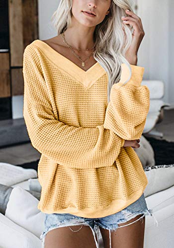 FEIYOUNG Women's Henley Sweater Shirts Slash V Neck Long Sleeve Loose Fit Pullover Tops Knit Tees (XX-Large, Yellow)