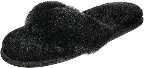 DREAM PAIRS Women's Black House Fluffy Fuzzy Memory Foam Open Toe Flip Flop Slip On Indoor Slippers Size 11-12M US Spa-03