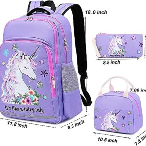 BTOOP Girls Backpack Kids Elementary Bookbag Girly School Bag with Insulated Lunch Tote and Pencil Pouch (Purple -3pcs)