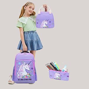 BTOOP Girls Backpack Kids Elementary Bookbag Girly School Bag with Insulated Lunch Tote and Pencil Pouch (Purple -3pcs)