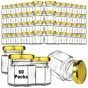 syntic 60 pcs small glass favor jars with airtight lids, 1.5 oz mini honey jars for wedding favor, baby shower, diy gift, small hexagon mason jars for body butter, jam, spices, candle, herbs