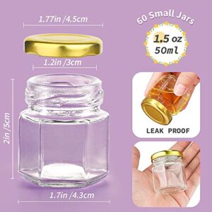 Syntic 60 Pcs Small Glass Favor Jars with Airtight Lids, 1.5 oz Mini Honey Jars for Wedding Favor, Baby Shower, DIY Gift, Small Hexagon Mason Jars for Body Butter, Jam, Spices, Candle, Herbs