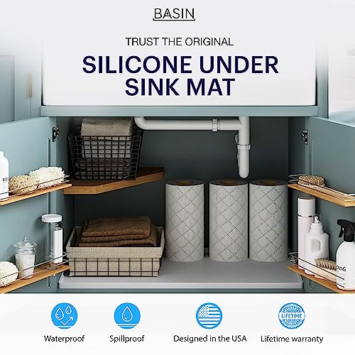 BASIN - Under Sink Mat - Cabinet Liner - The ORIGINAL Silicone Under Sink Mats For Kitchen Waterproof - House Organization Must Haves - New Home Must Haves - Large Silicone Mat Drip Tray 34"x22" White