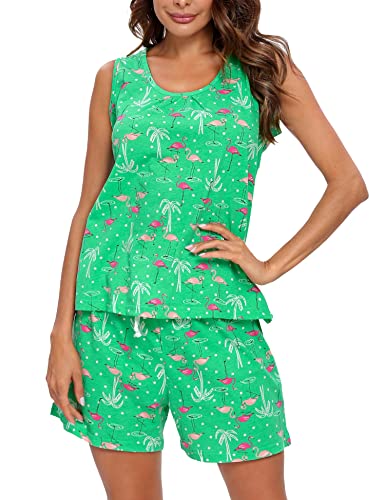 ENJOYNIGHT Pajamas for Women Cute Sleeveless Print Tee and Shorts Sleepwear Tank Top Loungewear Set (Medium, G.Flamingo)