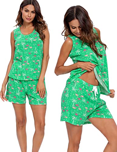 ENJOYNIGHT Pajamas for Women Cute Sleeveless Print Tee and Shorts Sleepwear Tank Top Loungewear Set (Medium, G.Flamingo)