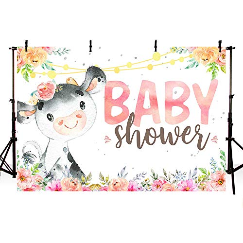 MEHOFOTO Pink Cow Baby Shower Party Photo Studio Booth Background Props Farm Animal Floral Girl Baby Shower Party Decoration Banner Backdrops for Photography 7x5ft