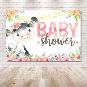 MEHOFOTO Pink Cow Baby Shower Party Photo Studio Booth Background Props Farm Animal Floral Girl Baby Shower Party Decoration Banner Backdrops for Photography 7x5ft