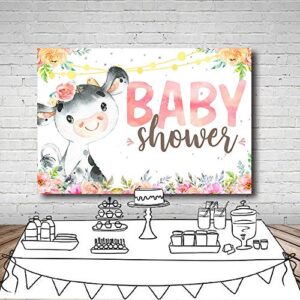 MEHOFOTO Pink Cow Baby Shower Party Photo Studio Booth Background Props Farm Animal Floral Girl Baby Shower Party Decoration Banner Backdrops for Photography 7x5ft