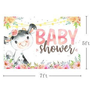 MEHOFOTO Pink Cow Baby Shower Party Photo Studio Booth Background Props Farm Animal Floral Girl Baby Shower Party Decoration Banner Backdrops for Photography 7x5ft