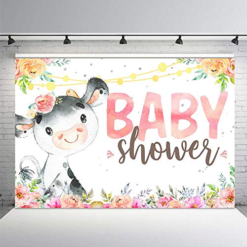 MEHOFOTO Pink Cow Baby Shower Party Photo Studio Booth Background Props Farm Animal Floral Girl Baby Shower Party Decoration Banner Backdrops for Photography 7x5ft