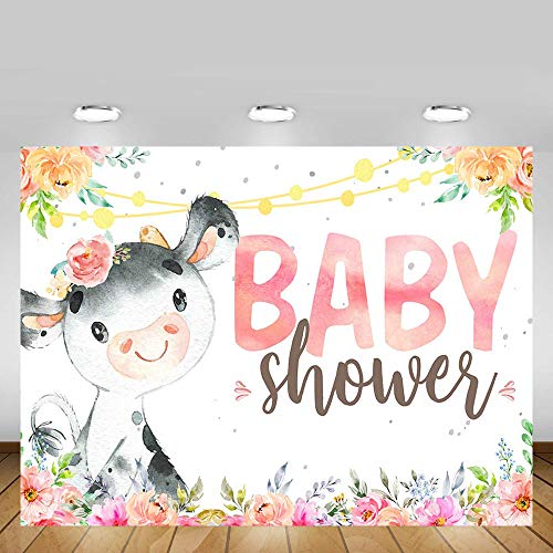 MEHOFOTO Pink Cow Baby Shower Party Photo Studio Booth Background Props Farm Animal Floral Girl Baby Shower Party Decoration Banner Backdrops for Photography 7x5ft