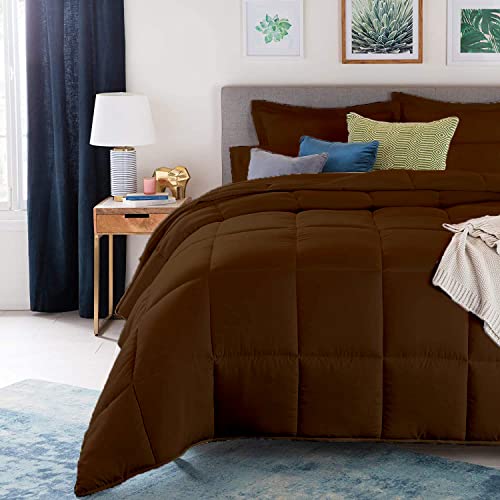 California Bedding All Season Cotton Finish Comforter Set | Alaskan King 132x120 Inch | Down Alternative 1 Duvet Insert & 2 Pillow Cover | 8 Corner Tabs | Microfiber Fill, Brown/Choco Solid