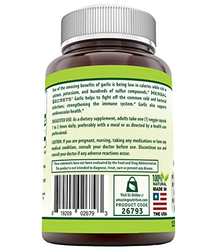 Herbal Secrets Garlic 500 mg 120 Veggie Capsules Supplement | Non-GMO | Gluten Free | Made in USA | Ideal for Vegetarians