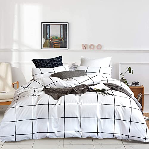 KAREVER White Grid Comforter Set Big Grid Bedding Set Twin Cotton White with Black Plaid Printed Stripes Women Checkered Comforters Bedding Set Girls White Grid Bed Blanket Set White Plaid Comforter