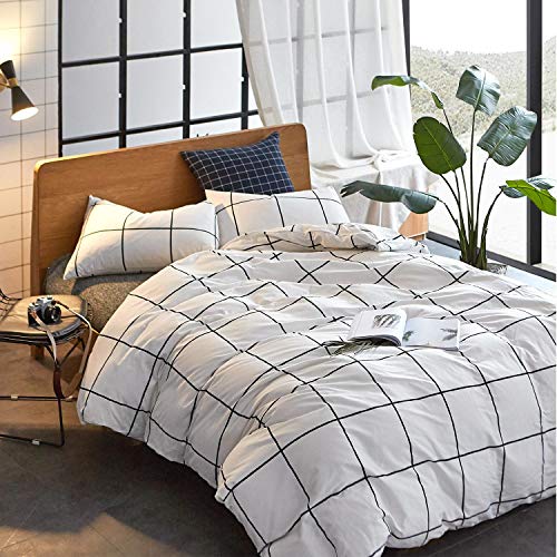 KAREVER White Grid Comforter Set Big Grid Bedding Set Twin Cotton White with Black Plaid Printed Stripes Women Checkered Comforters Bedding Set Girls White Grid Bed Blanket Set White Plaid Comforter