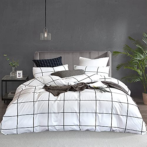 KAREVER White Grid Comforter Set Big Grid Bedding Set Twin Cotton White with Black Plaid Printed Stripes Women Checkered Comforters Bedding Set Girls White Grid Bed Blanket Set White Plaid Comforter