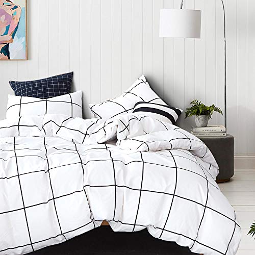 KAREVER White Grid Comforter Set Big Grid Bedding Set Twin Cotton White with Black Plaid Printed Stripes Women Checkered Comforters Bedding Set Girls White Grid Bed Blanket Set White Plaid Comforter