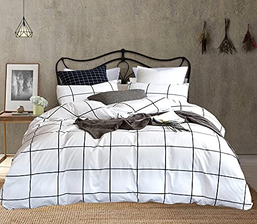 KAREVER White Grid Comforter Set Big Grid Bedding Set Twin Cotton White with Black Plaid Printed Stripes Women Checkered Comforters Bedding Set Girls White Grid Bed Blanket Set White Plaid Comforter