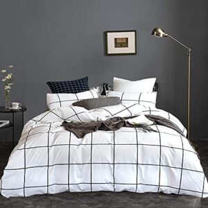 KAREVER White Grid Comforter Set Big Grid Bedding Set Twin Cotton White with Black Plaid Printed Stripes Women Checkered Comforters Bedding Set Girls White Grid Bed Blanket Set White Plaid Comforter