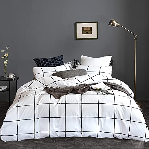 KAREVER White Grid Comforter Set Big Grid Bedding Set Twin Cotton White with Black Plaid Printed Stripes Women Checkered Comforters Bedding Set Girls White Grid Bed Blanket Set White Plaid Comforter