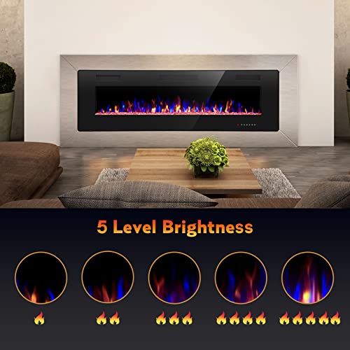 R.W.FLAME 60" Recessed and Wall Mounted Electric Fireplace, Low Noise, Remote Control with Timer,Touch Screen,Adjustable Flame Color and Speed, 750-1500W