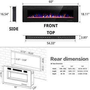 R.W.FLAME 60" Recessed and Wall Mounted Electric Fireplace, Low Noise, Remote Control with Timer,Touch Screen,Adjustable Flame Color and Speed, 750-1500W