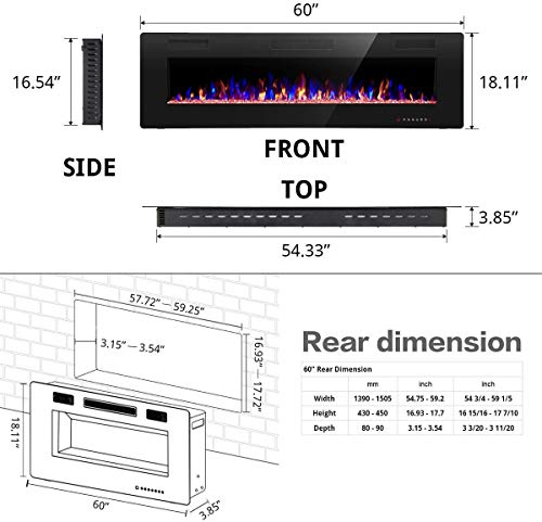 R.W.FLAME 60" Recessed and Wall Mounted Electric Fireplace, Low Noise, Remote Control with Timer,Touch Screen,Adjustable Flame Color and Speed, 750-1500W