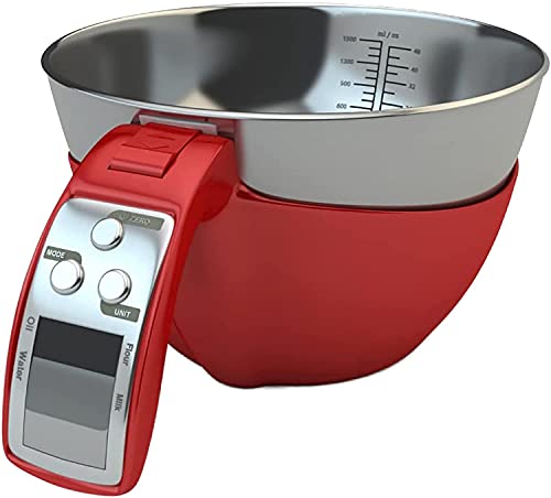 Fradel Digital Kitchen Food Scale with Bowl (Removable) and Measuring Cup - Stainless Steel, Backlight, 11lbs Capacity - Cooking, Baking, Gym, Diet - Precise Measuring (Red)