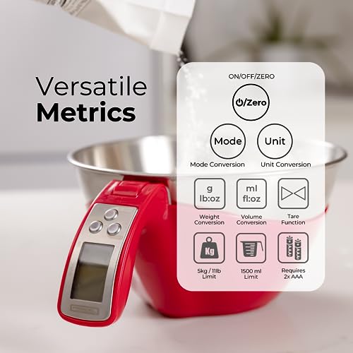 Fradel Digital Kitchen Food Scale with Bowl (Removable) and Measuring Cup - Stainless Steel, Backlight, 11lbs Capacity - Cooking, Baking, Gym, Diet - Precise Measuring (Red)