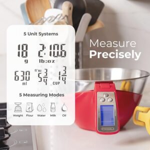 Fradel Digital Kitchen Food Scale with Bowl (Removable) and Measuring Cup - Stainless Steel, Backlight, 11lbs Capacity - Cooking, Baking, Gym, Diet - Precise Measuring (Red)