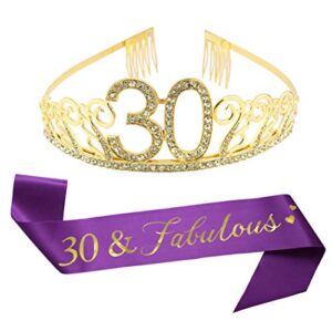 30th brithday gold tiara and sash, 30 & fabulous glitter satin sash and crystal rhinestone birthday crown for happy 30th birthday party supplies favors decorations 30th birthday cake topper