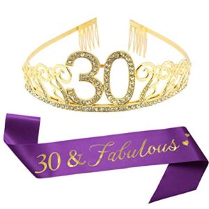 30th Brithday Gold Tiara and Sash, 30 & Fabulous Glitter Satin Sash and Crystal Rhinestone Birthday Crown for Happy 30th Birthday Party Supplies Favors Decorations 30th Birthday Cake Topper