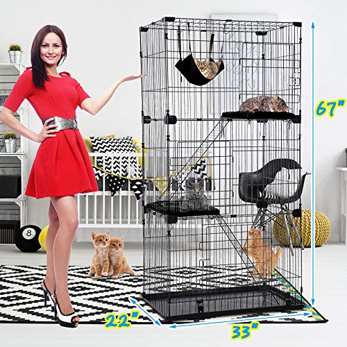 Large 3-Tier Cat Cage Pet Playpen Cat Crate Kennels 67" Height Kitten House Furniture Wire Metal Pet Enclosure w/ 3 Front Doors 2 Ladders 2 Platforms Bed Hammock for Ferret Rat Cat Chinchilla