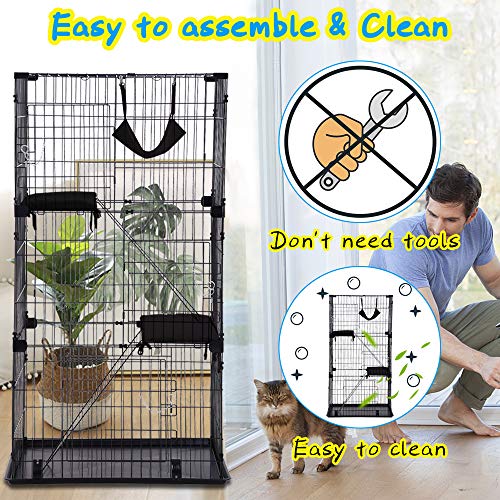 Large 3-Tier Cat Cage Pet Playpen Cat Crate Kennels 67" Height Kitten House Furniture Wire Metal Pet Enclosure w/ 3 Front Doors 2 Ladders 2 Platforms Bed Hammock for Ferret Rat Cat Chinchilla