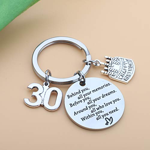 BEKECH Birthday Keychain Gifts for Him/Her,10th 12th 13th 14th 15th 16th 18th 30th 40th 50th Birthday Cake Birthday Key Ring Gift, Behind You All Memories Before You All Your Dream (30th)