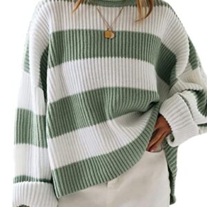 ZESICA Women's 2023 Fall Long Sleeve Crew Neck Striped Color Block Comfy Loose Oversized Knitted Pullover Sweater,Green,Small