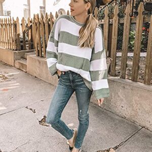 ZESICA Women's 2023 Fall Long Sleeve Crew Neck Striped Color Block Comfy Loose Oversized Knitted Pullover Sweater,Green,Small