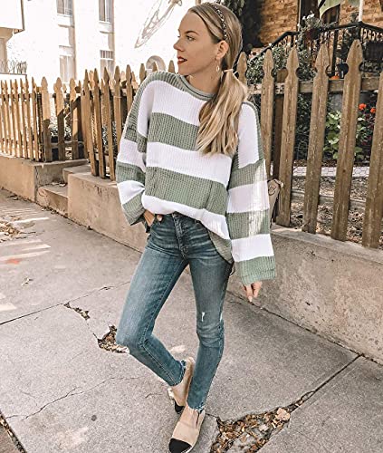 ZESICA Women's 2023 Fall Long Sleeve Crew Neck Striped Color Block Comfy Loose Oversized Knitted Pullover Sweater,Green,Small