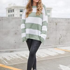 ZESICA Women's 2023 Fall Long Sleeve Crew Neck Striped Color Block Comfy Loose Oversized Knitted Pullover Sweater,Green,Small