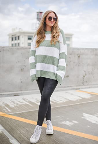 ZESICA Women's 2023 Fall Long Sleeve Crew Neck Striped Color Block Comfy Loose Oversized Knitted Pullover Sweater,Green,Small