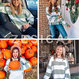 ZESICA Women's 2023 Fall Long Sleeve Crew Neck Striped Color Block Comfy Loose Oversized Knitted Pullover Sweater,Green,Small