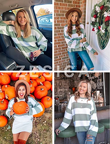 ZESICA Women's 2023 Fall Long Sleeve Crew Neck Striped Color Block Comfy Loose Oversized Knitted Pullover Sweater,Green,Small