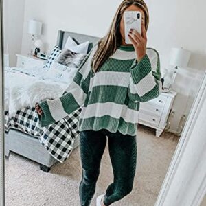 ZESICA Women's 2023 Fall Long Sleeve Crew Neck Striped Color Block Comfy Loose Oversized Knitted Pullover Sweater,Green,Small