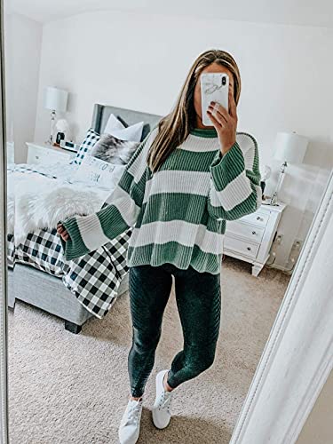 ZESICA Women's 2023 Fall Long Sleeve Crew Neck Striped Color Block Comfy Loose Oversized Knitted Pullover Sweater,Green,Small