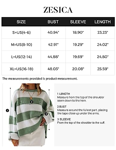 ZESICA Women's 2023 Fall Long Sleeve Crew Neck Striped Color Block Comfy Loose Oversized Knitted Pullover Sweater,Green,Small