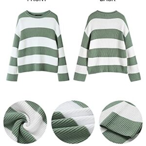 ZESICA Women's 2023 Fall Long Sleeve Crew Neck Striped Color Block Comfy Loose Oversized Knitted Pullover Sweater,Green,Small