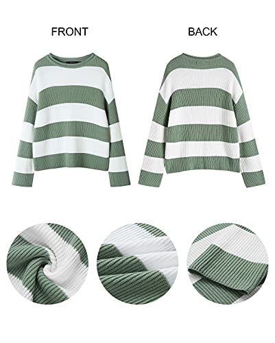 ZESICA Women's 2023 Fall Long Sleeve Crew Neck Striped Color Block Comfy Loose Oversized Knitted Pullover Sweater,Green,Small