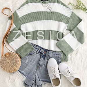 ZESICA Women's 2023 Fall Long Sleeve Crew Neck Striped Color Block Comfy Loose Oversized Knitted Pullover Sweater,Green,Small